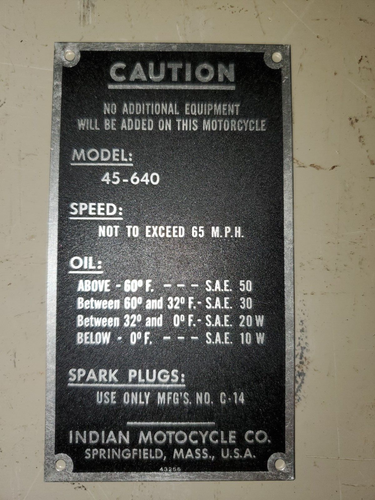 Indian Motorcycle Military Scout 1940 640-45 NOS? Tank Data Tag. | eBay