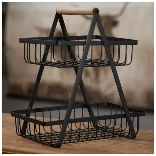 Iron Metal Storage Baskets Wood Handle 2 Tier Wire Tiered Organizer Bin ...