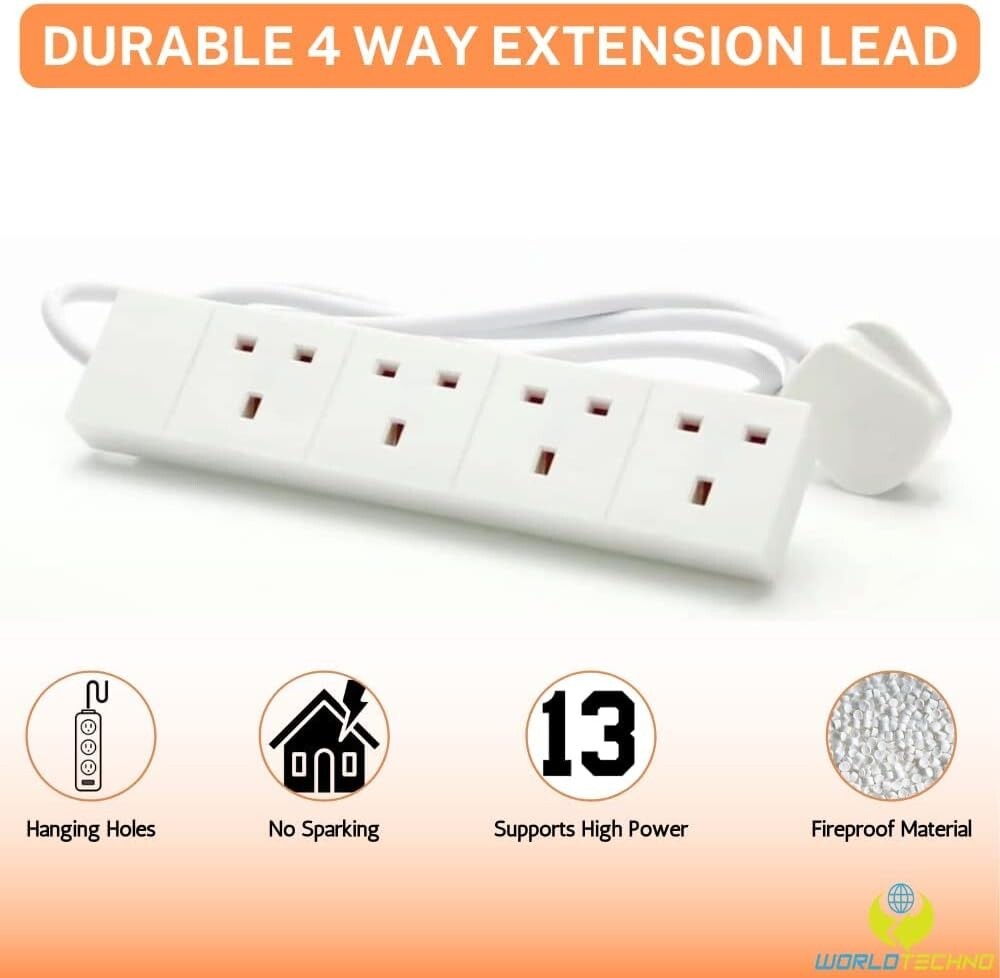 4 Way UK Extension 1M 2M 5M 10M Lead Cable Main Plug 4 Plugs Safety ...