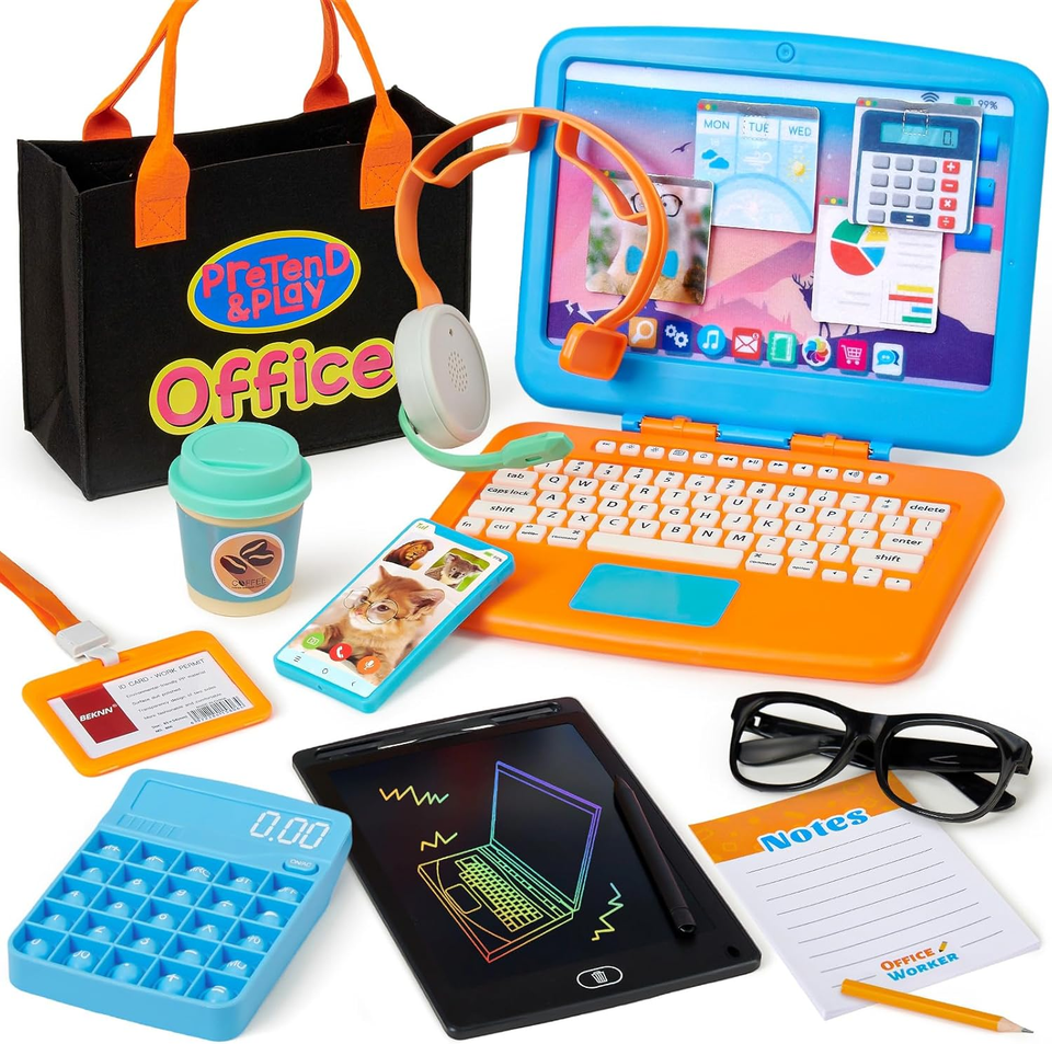 Pretend Play Home Office Set for Kids — Toy Laptop Computer, LCD ...
