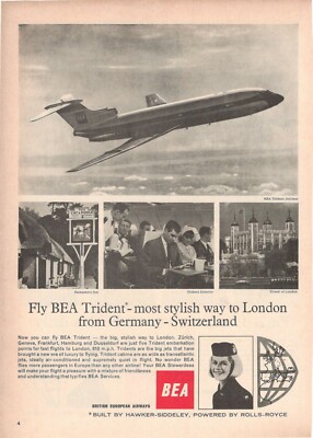 Bea Airways Airlines British 1965 Advertising Vintage Fly Bea Trident ...
