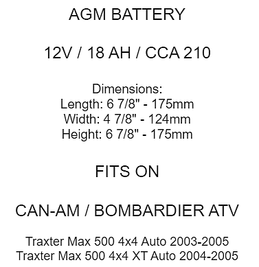 AGM Battery for Can-Am Bombardier Traxter Max 500 4X4 Xt Auto 2003 2004 ...
