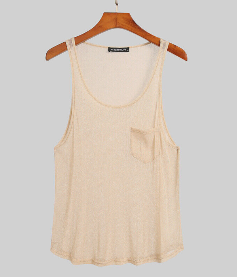 INCERUN Men's Gold Size XL Scoop Neck Sheer Mesh Metallic Pocket Tank ...