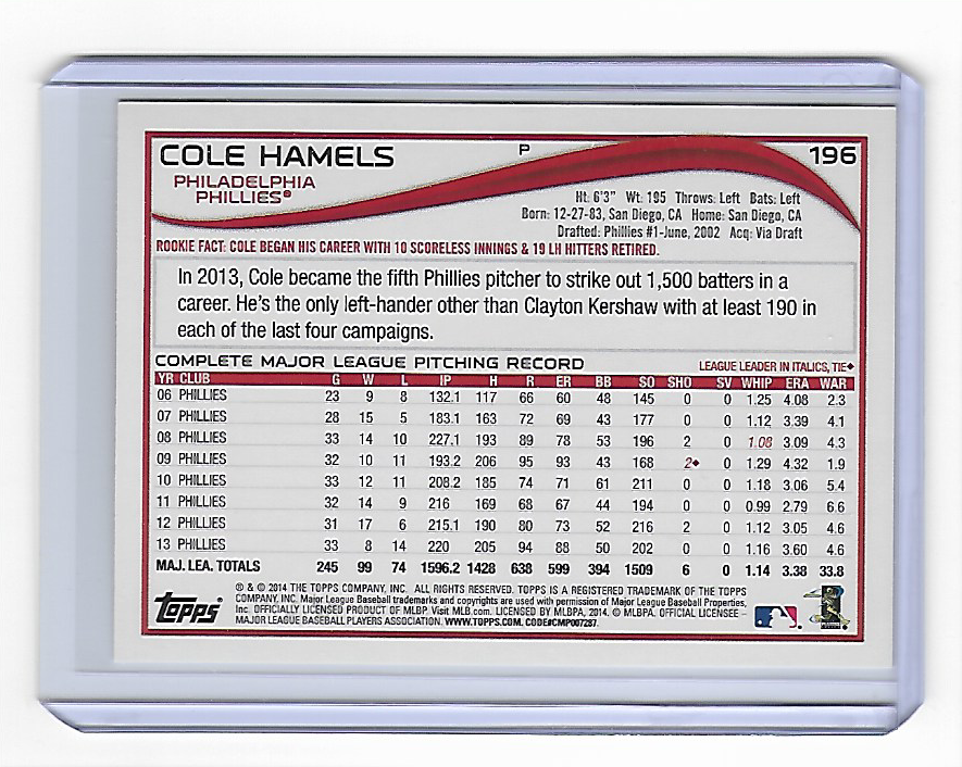 2014 TOPPS COLE HAMELS BASE CARD - CARD #196 - PHILLIES | eBay