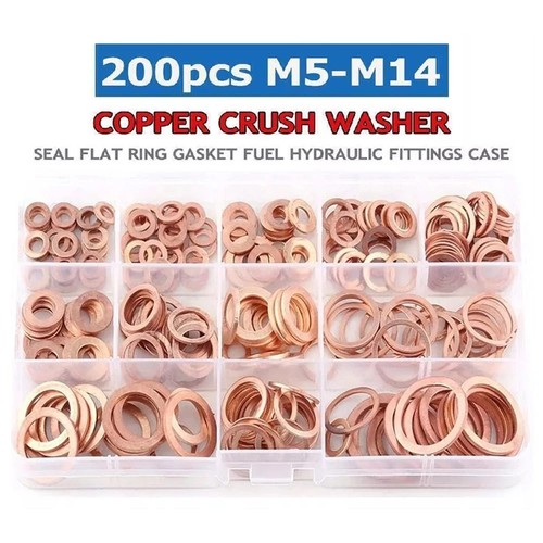 200x Solid Copper Crush Washer Gasket Set Flat O-Ring Seal Assortment ...