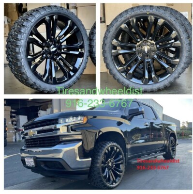 26'' Chevy CK159 Gloss Black Wheels with 33'' MT Tires Sierra Silverado ...