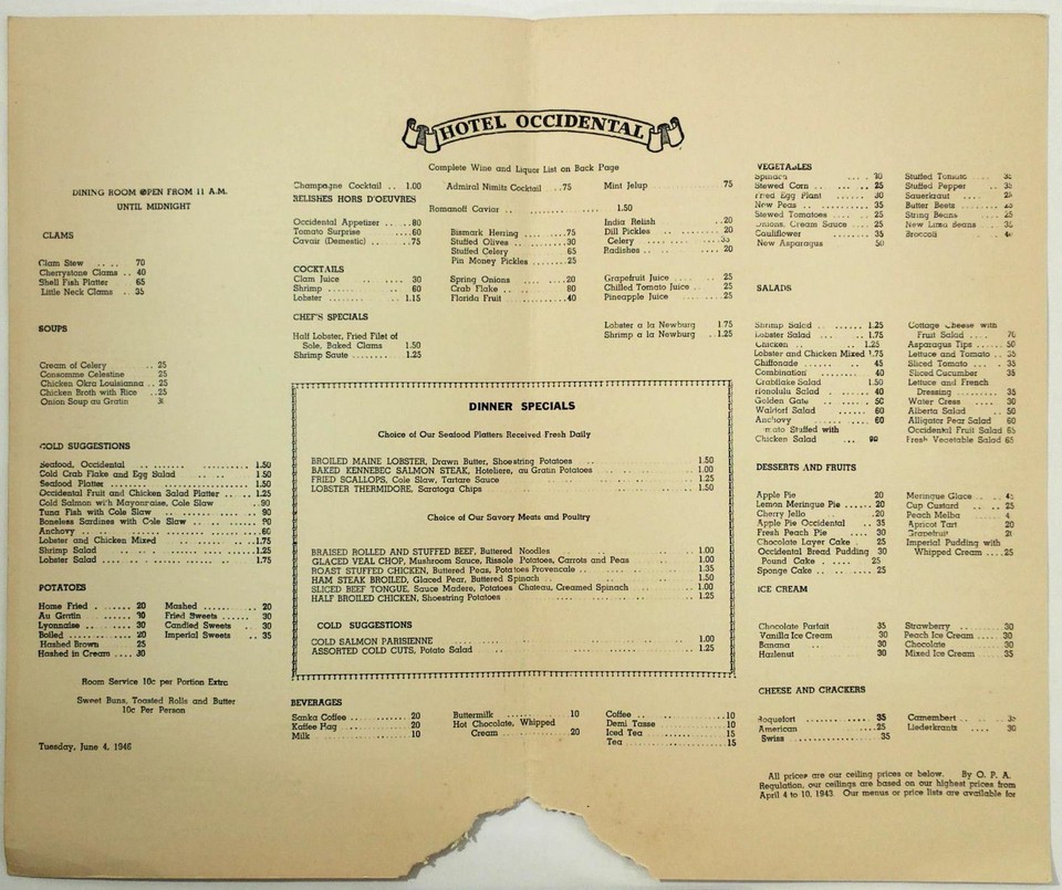 1946 Original Vintage Dinner Menu & Wine List HOTEL OCCIDENTAL ...