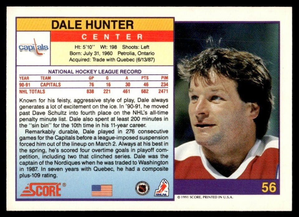 1991-92 Score American #56 Dale Hunter Washington Capitals | eBay