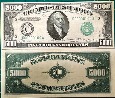 Reproduction USA 1934 $5000 Bill Federal Reserve Note Philadelphia Read ...