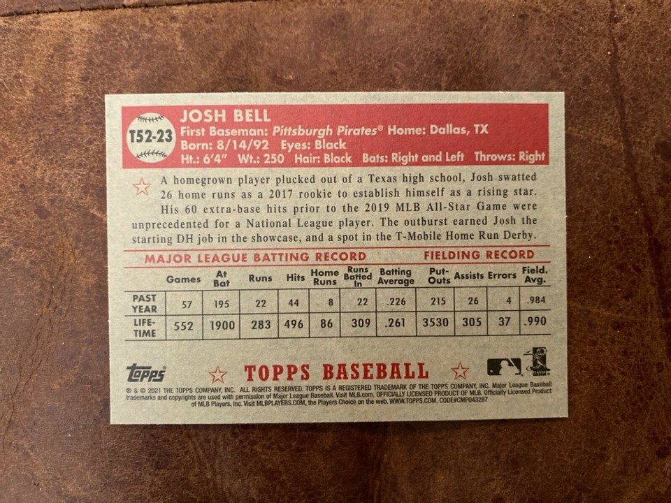 2021 Topps 1952 Redux Insert #T52-23 Pirates Josh Bell Baseball Card | eBay