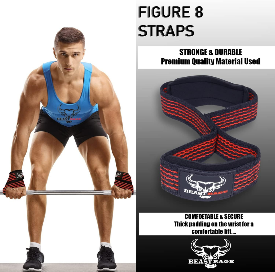 BEAST RAGE Figure 8 weight lifting straps Professional Padded Support ...