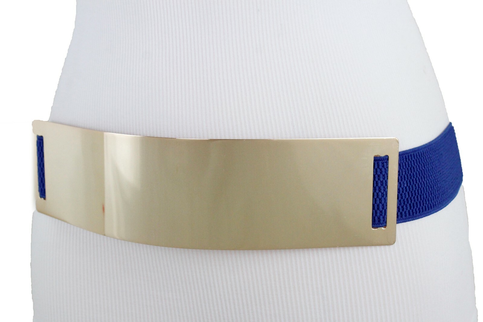 Women Gold Metal Plate Buckle Flashy Belt Hip Waist Elastic Blue Band ...