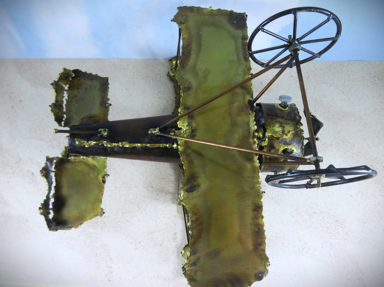 Handcrafted Brass Metal Biplane Sculpture Brutalist Art Soldered Burnt ...