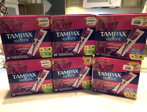 LOT Of 6 Boxes Tampax Radiant Tampons . UNOPENED. 164 CT. Slim/Reg ...