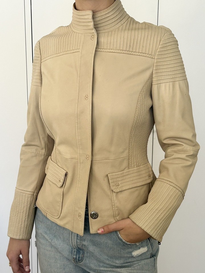 St. John Ribbed Leather Moto Racer Jacket 6 Button Front Lamb Beige J ...