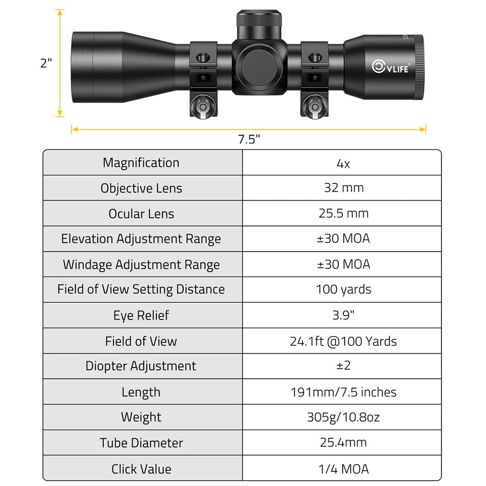 Hunting 4x32 Compact Rifle Scope Optic Gun Scope with BDC Reticle Mount ...