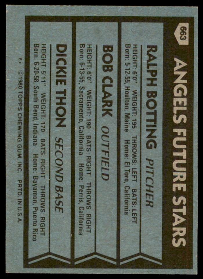 1980 Topps #663 Angels Future Stars - Ralph Botting/Bob Clark/Dickie ...
