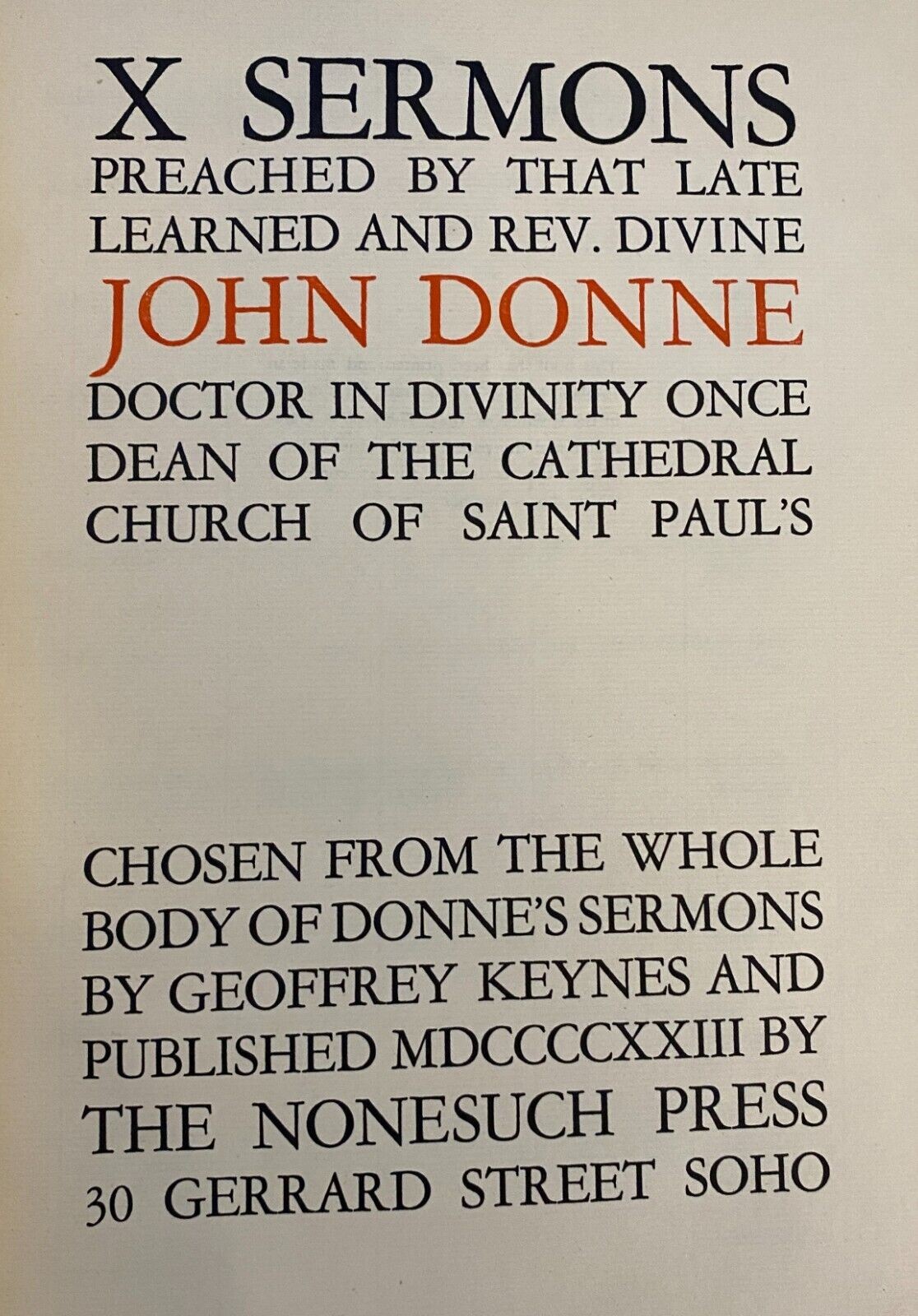 X SERMONS PREACHED BY JOHN DONNE, ed. Geoffrey Keynes 1923 Nonesuch ...