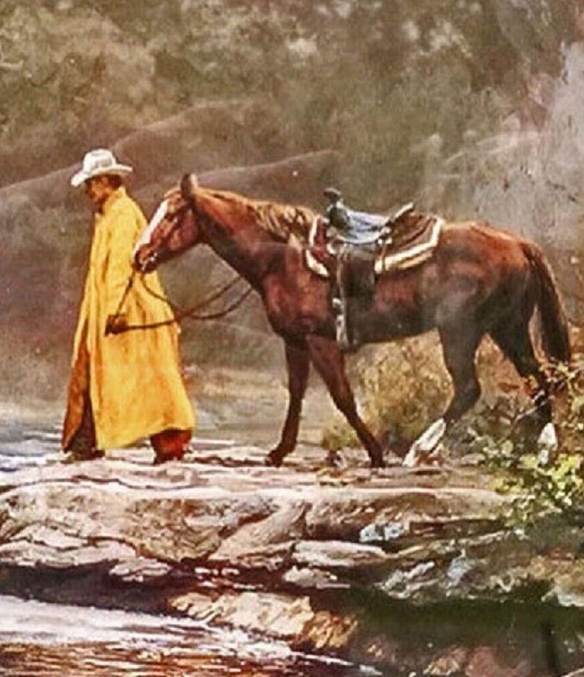 Western Print Pale Morning Mist, Cowboy In Yellow Slicker | eBay