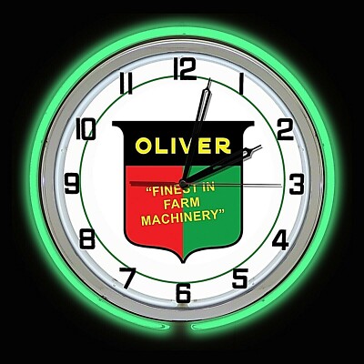 19" Oliver Tractor Farm Machinery Sign Green Double Neon Wall Clock Man ...