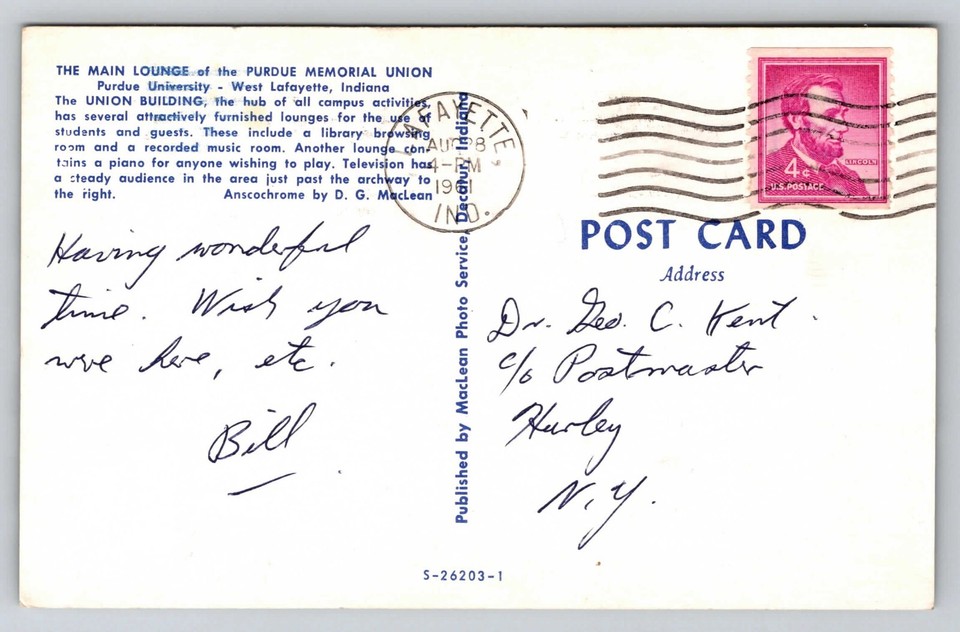Postcard Main Lounge Purdue Memorial Union Purdue University Indiana ...