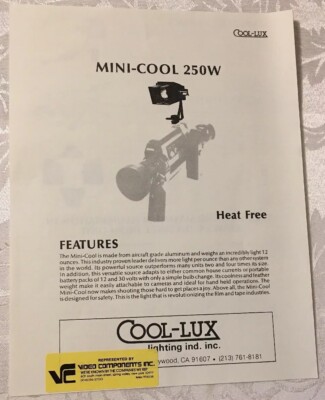 Cool-Lux Mini Cool 250W Light with AC Plug Video Camera Light Brochure ...