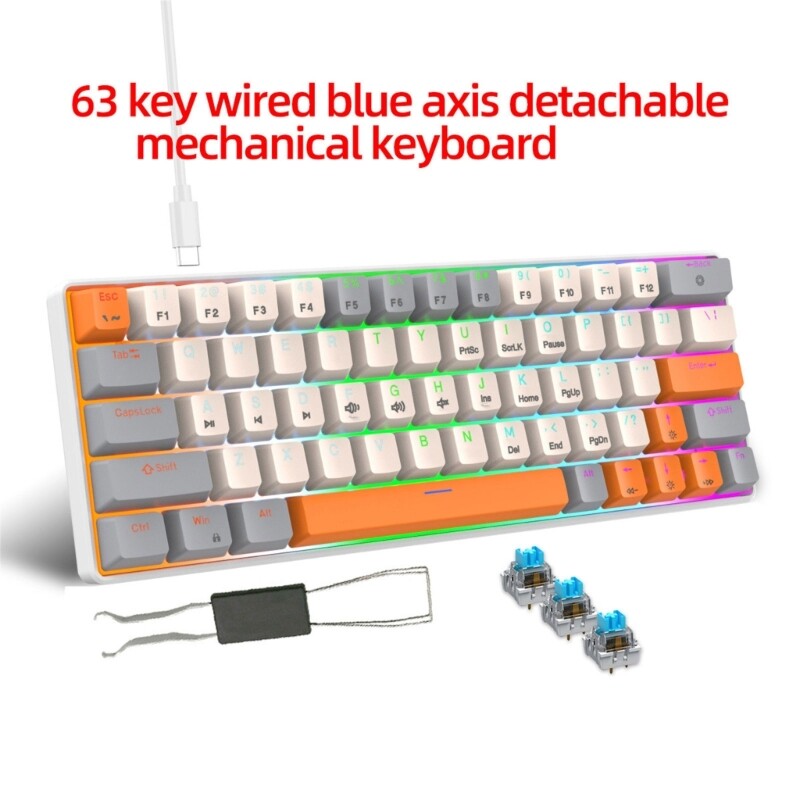 Gaming Keyboard UsbC Backlit Ergonomic Mechanical Keypad 63Keys Mini ...