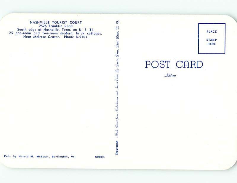 Unused 1950's OLD CARS & NASHVILLE TOURIST COURT MOTEL Nashville TN ...