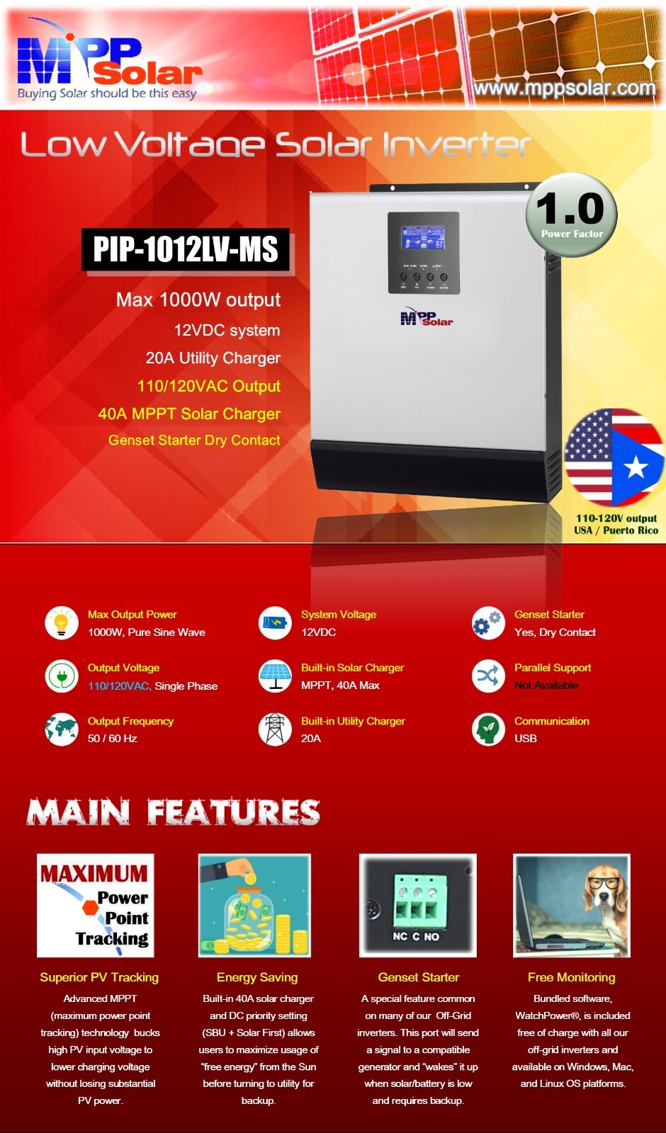 1000w 12v 110v MPP Solar off grid Inverter 40A MPPT solar charger ...