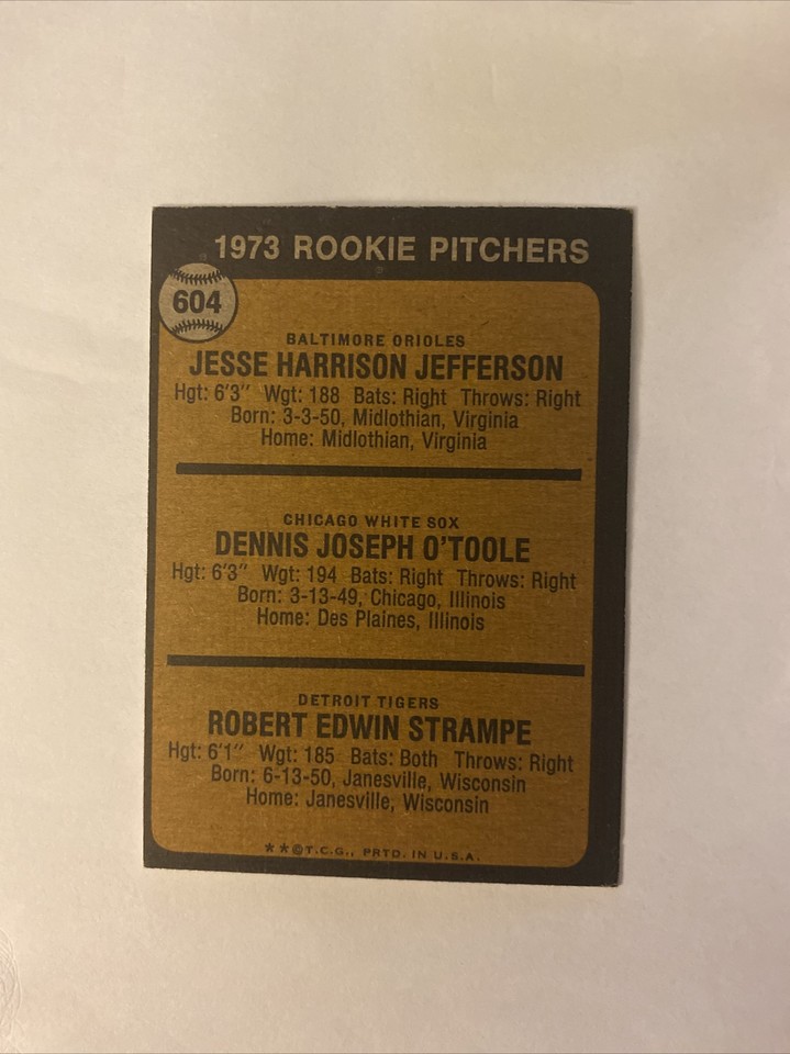 1973 Topps Rookie Pitchers Jesse Jefferson Dennis O’Toole Bob Strampe ...