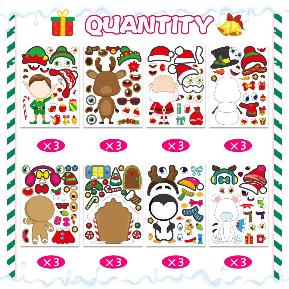 32 Sheets Christmas Stickers for Kids Toddlers Make-a-face Sticker Make ...