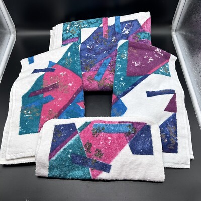 Vtg Springmaid Geometric Abstract Teal Purple Bath & Hand Towel ...