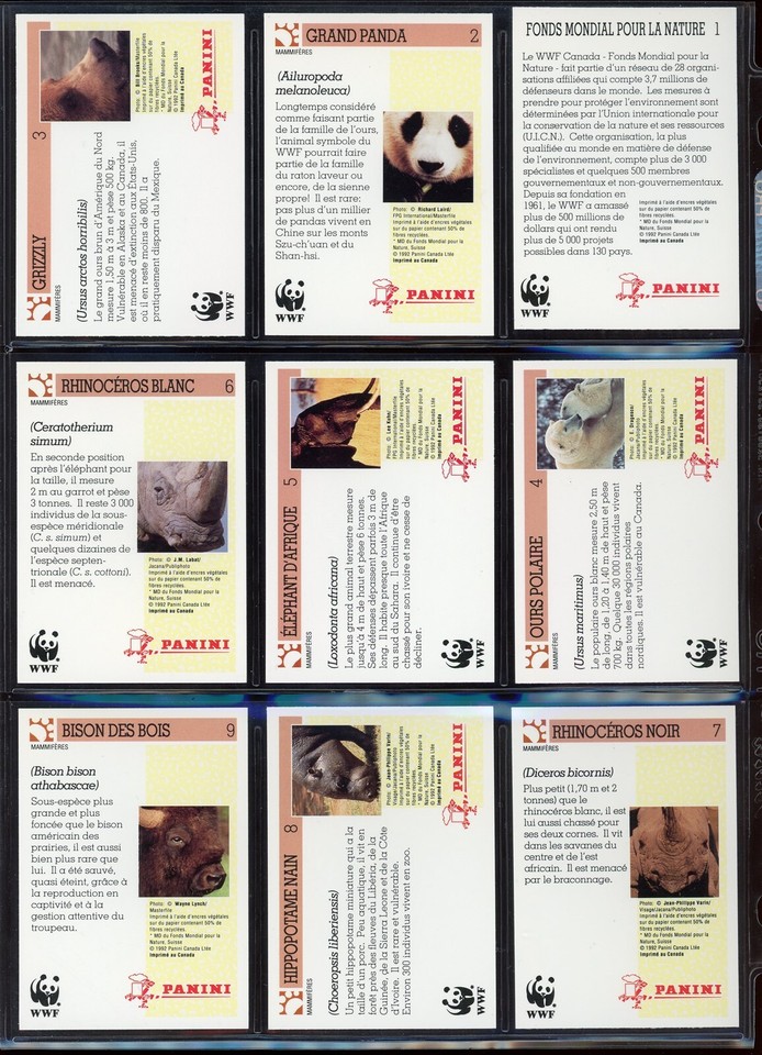 1992 Panini Animaux a Sauver WWF French Complete Card Set (1-100 ...