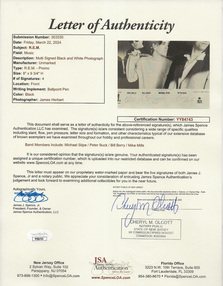 R.E.M. REAL hand SIGNED Early Promo Photo #2 JSA LOA Michael Stipe +3 ...