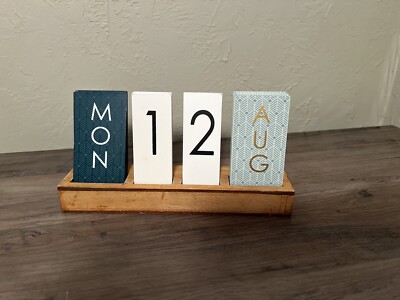 Large Wood Desktop Perpetual Calendar Wooden Tiles Month Date Day | eBay