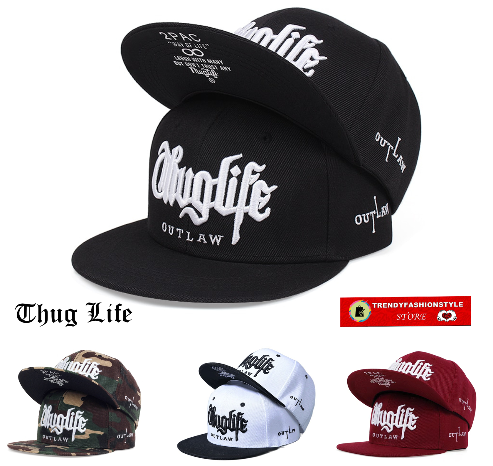NEW Baseball Cap 2Pac Thug Life Rap Hat Snapback Tupac Adjustable Flat ...
