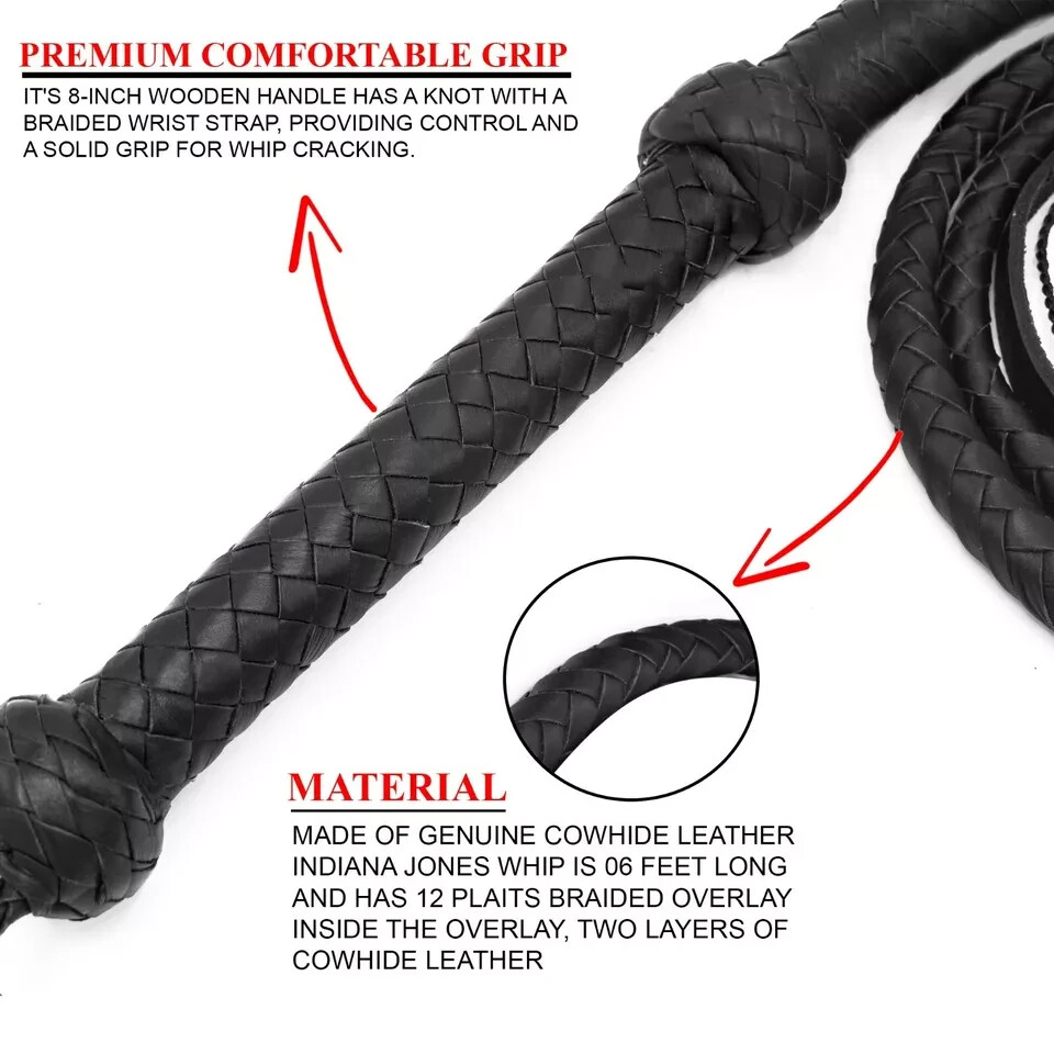 Leather BULL WHIP Cowhide 04 to 08 Feet Leather Bullwhip Black Rope ...