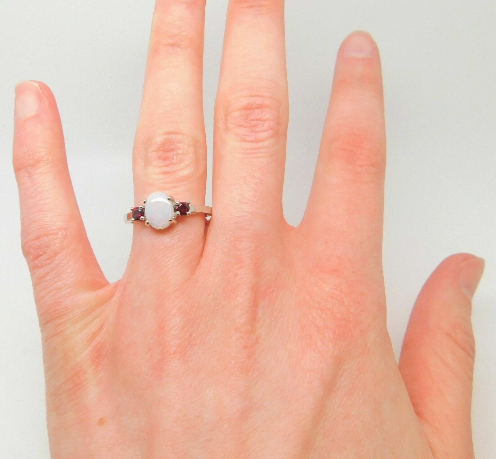 14k White Gold Genuine Natural Opal and Ruby Three Stone Ring (#J3863 ...