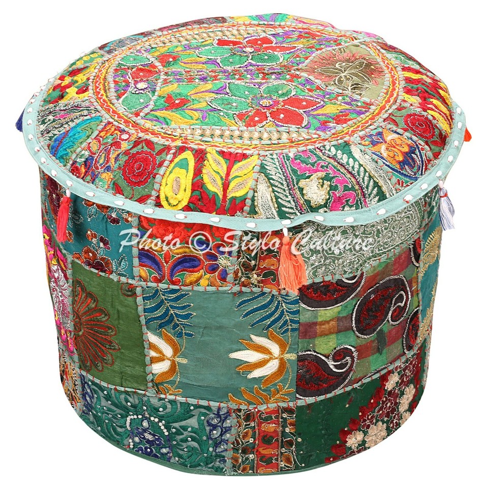 Indian Round Pouf Cover Patchwork Embroidered Living Room Pouffes ...