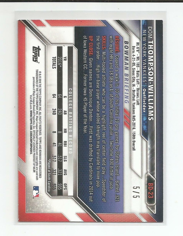 2016 Bowman DOM THOMPSON-WILLIAMS Red /5 RC Seattle Mariners HOT | eBay