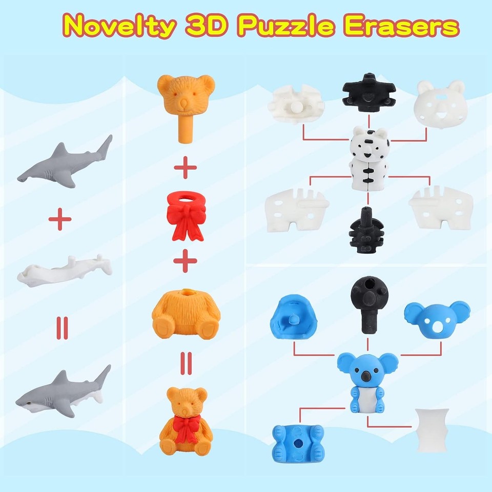 40Pcs Animal Erasers Desk Pets for Kids Assembled Eraser 3D Puzzle ...