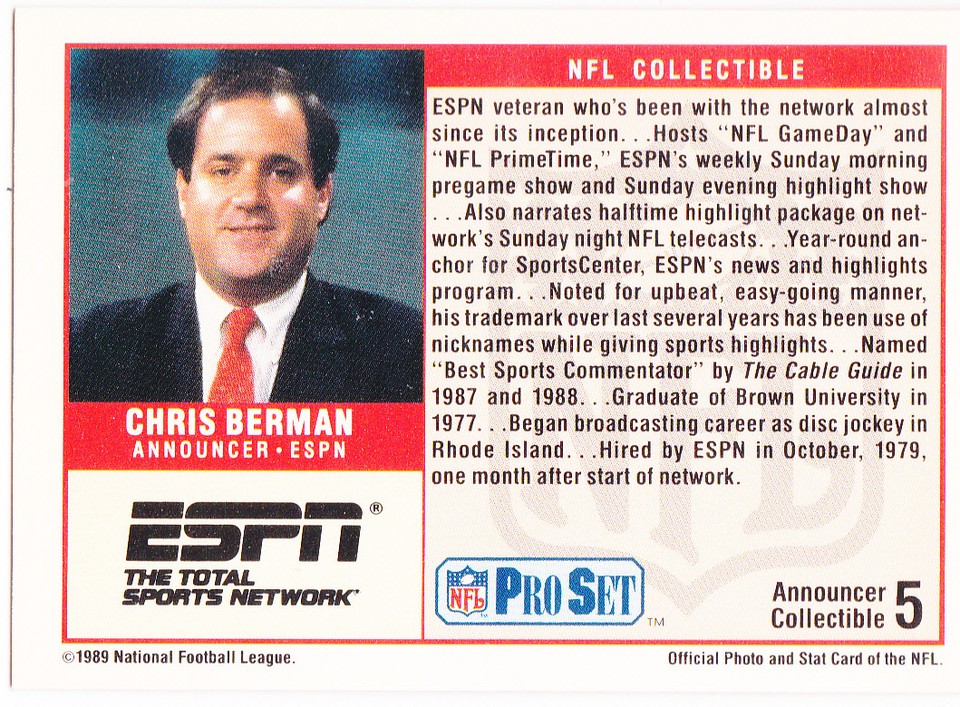 CHRIS BERMAN RARE NFL Football Vintage Card ESPN SPORTSCENTER ANCHOR ...