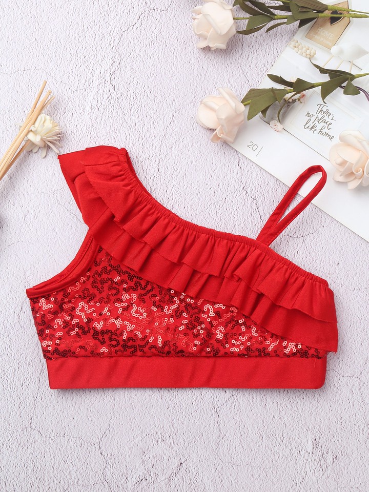 Girls Sequined Ruffled Ballet Dance Crop Top Modern Jazz One Shoulder ...