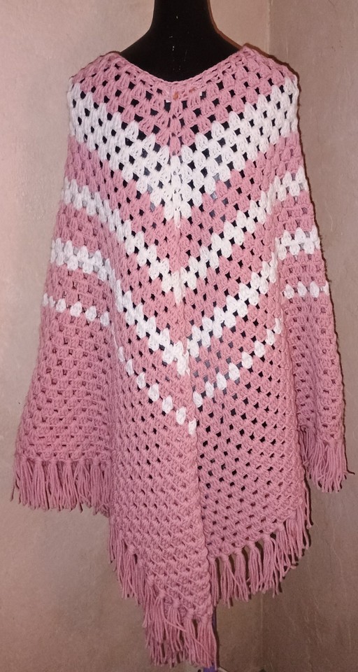 Vintage Crochet Poncho Handmade Pink White Hippie Boho Cottage Prairie ...