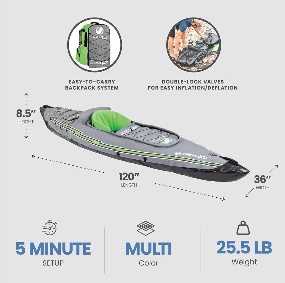 NEW Sevylor SEV32168F118 Quikpak Outdoor K5 1 Person Inflatable Seated ...