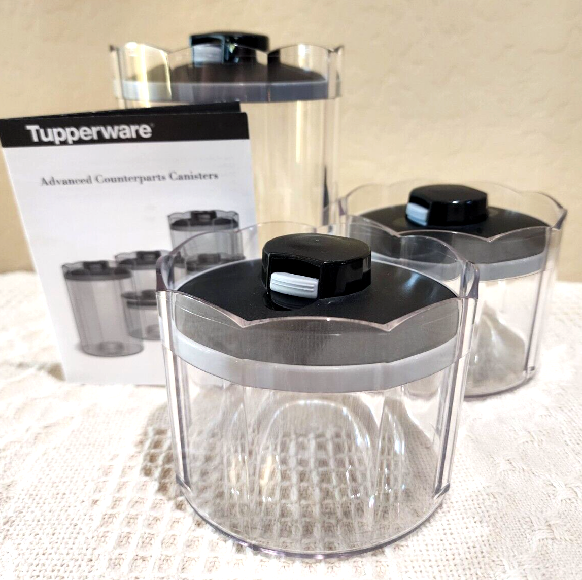 RARE Tupperware Clear Acrylic Counter Top Canister Set Black Lids 6 pc ...