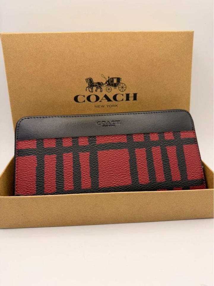 Coach Checkered Long Wallet 10x20cm Leather Red/Black New with Box | eBay
