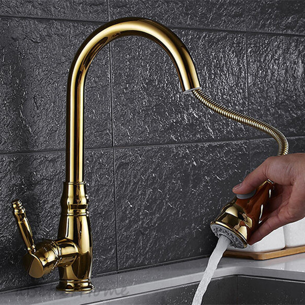 Polished Gold Kitchen Pull Out Spray Sink Faucet One Handle Swivel ...