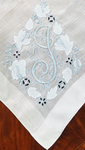 VINTAGE GORGEOUS COTTON HANDKERCHIEF HANKIE INITIAL "J" APPLIQUE EX ...