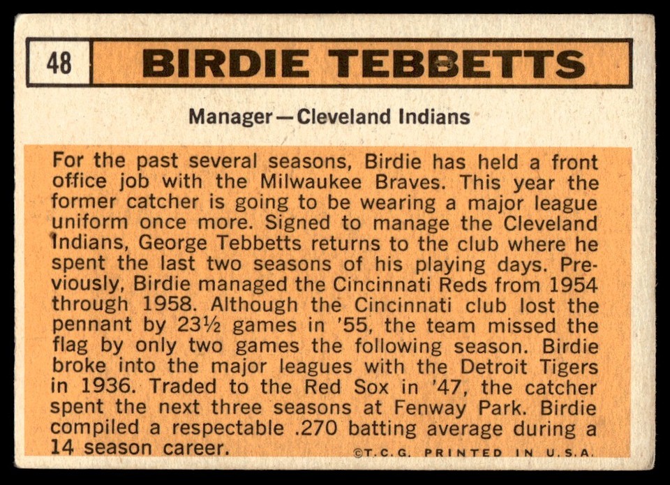 1963 Topps Baseball Card Birdie Tebbetts Cleveland Indians #48 B | eBay